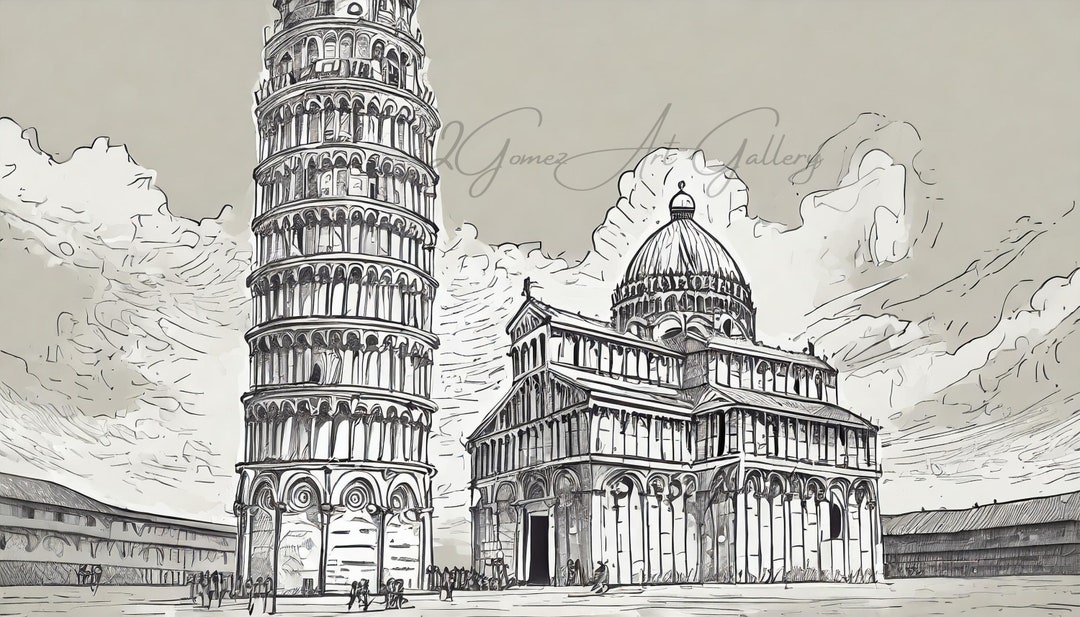 Leaning Tower of Pisa, Beige Tone, Grayscale, Vintage, Classic Painting ...