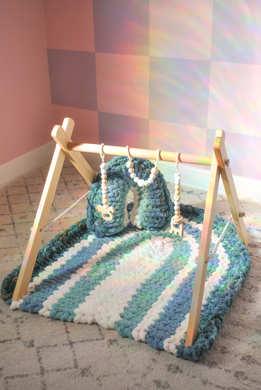 Rainbow Chunky Knit Handmade Baby Play Mat, Baby Rainbow Pillow, Baby ...