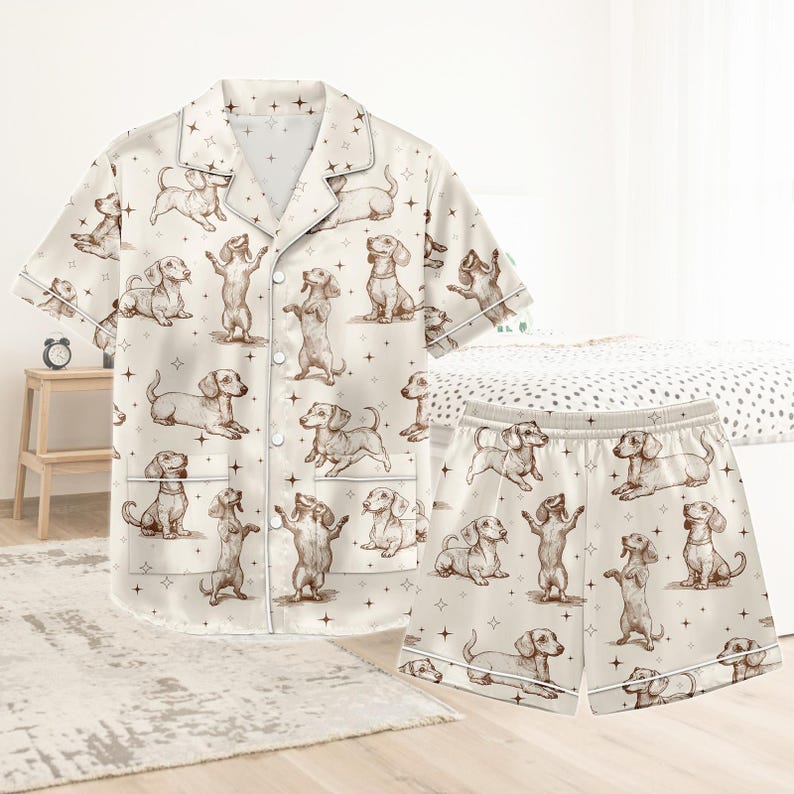 Dachshund Short Satin Pajamas, Sausage Dog Pajamas Set Women, Kawaii ...