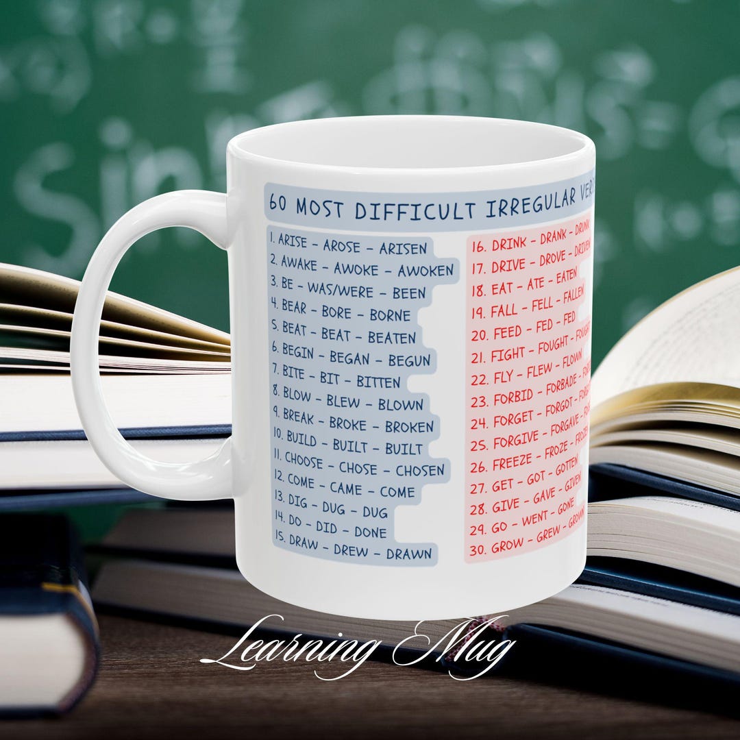 60 Most Difficult Irregular Verbs Learning Mug, English Grammar Gift ...