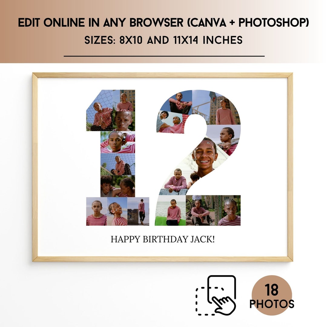 Editable, plantilla de collage de fotos de 12 números, personalizada ...