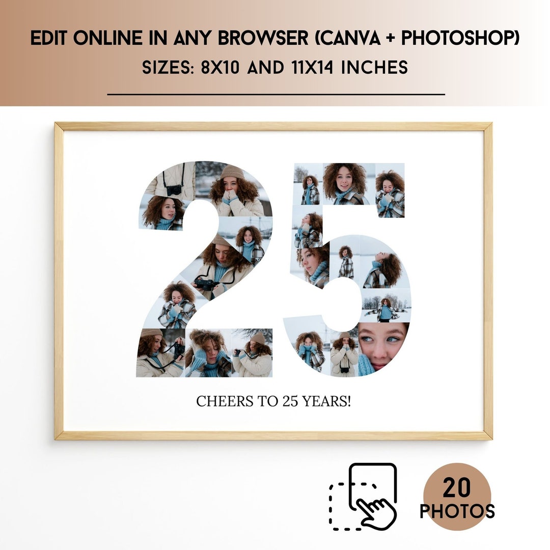 Editable, Number 25 Photo Collage Template, Personalized, 25th Birthday ...