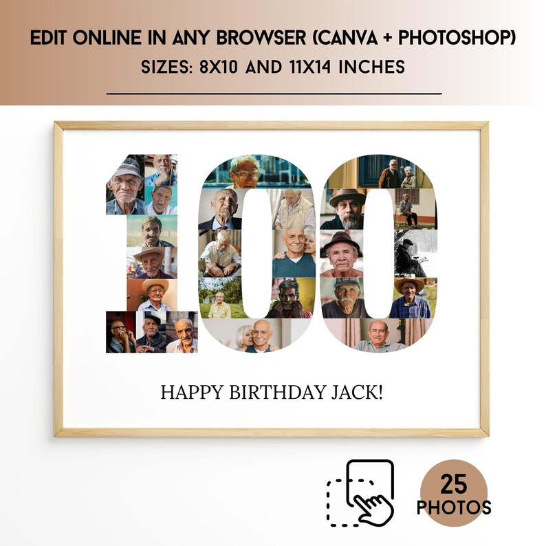 Number 100 Photo Collage Template, Personalized, 100th Birthday Gift ...