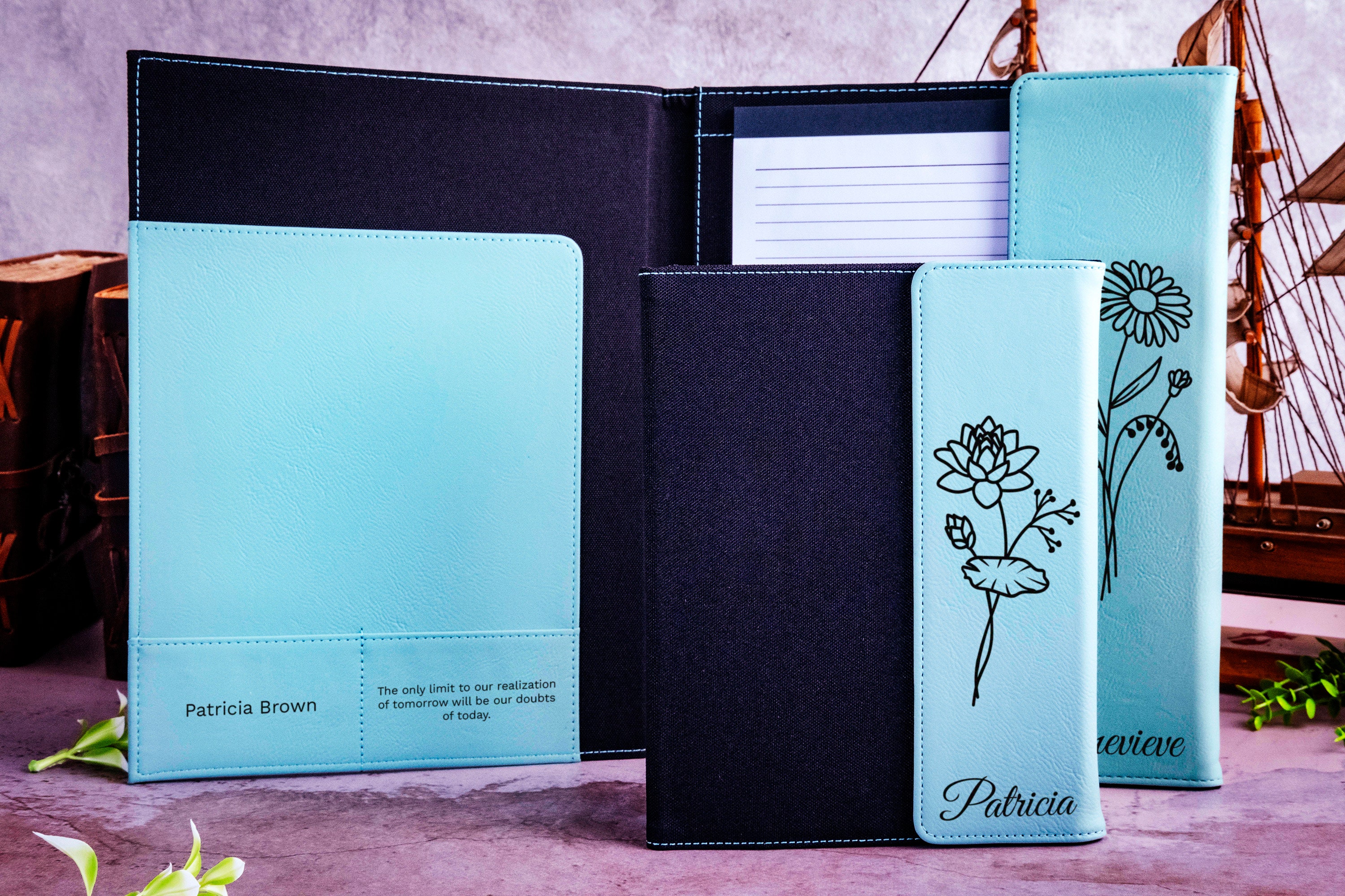 Personalized Birth Flower Portfolio, Custom Leather Flapped Portfolio ...