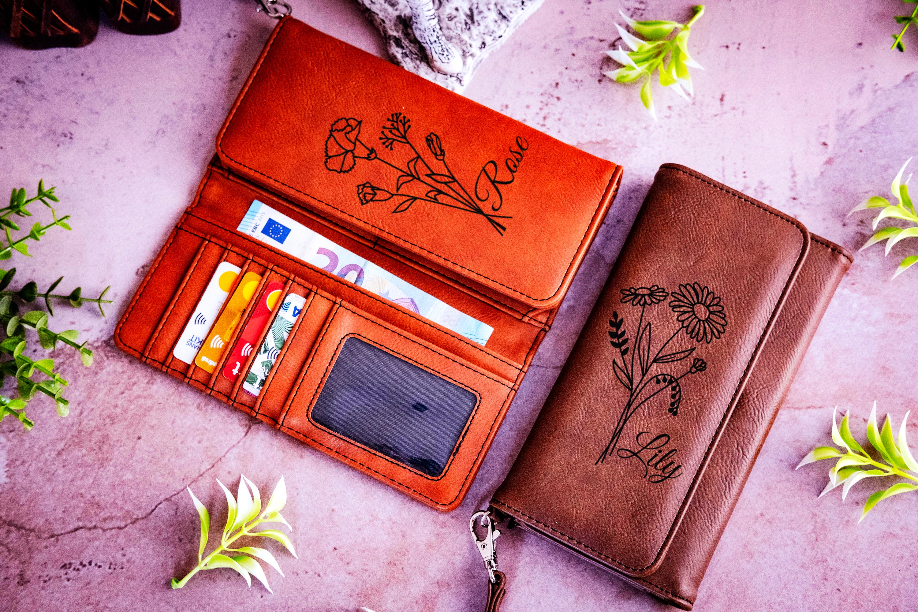 Birth Flower Wallet for Women, Slim Leather Wallet, Leather Wallet ...