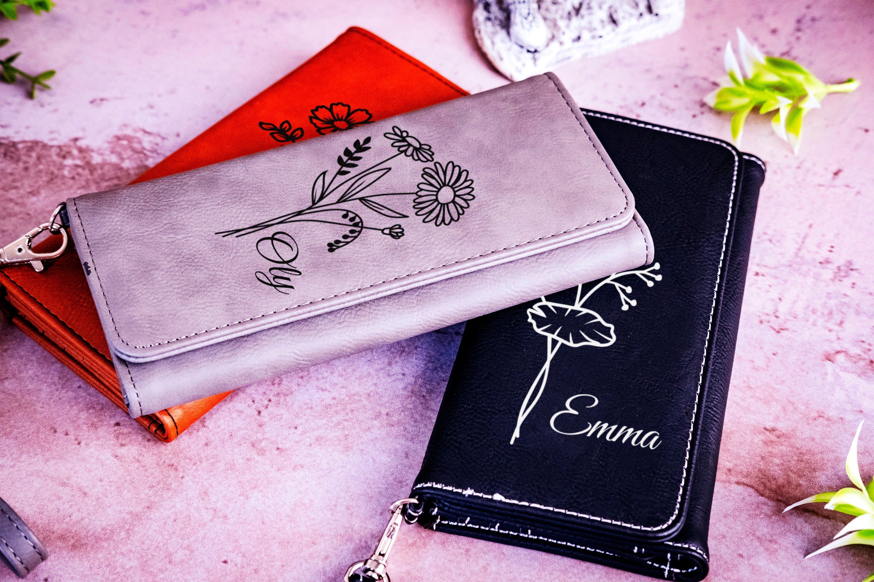 Birth Flower Wallet for Women, Slim Leather Wallet, Leather Wallet ...