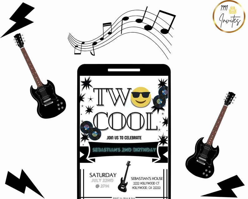 Editable Two Cool Smiley Face 2nd Birthday Rockstar Electric Guitar ...
