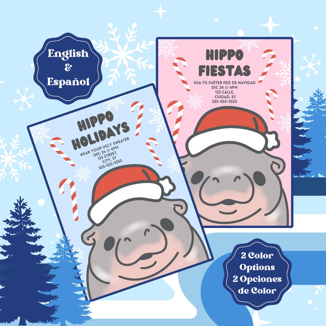Editable Hippo Holiday Party Invitation With Santa Claus Hat - Printable Digital Template ...