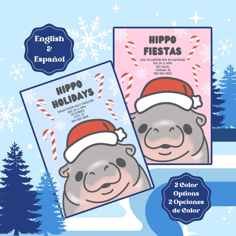 Editable Hippo Holiday Party Invitation With Santa Claus Hat - Printable Digital Template ...