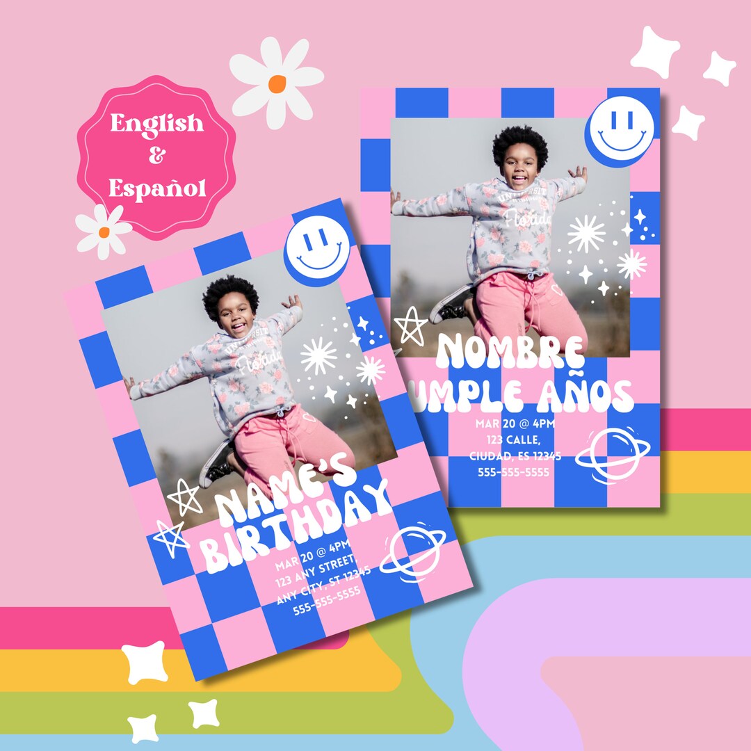 Y2K Smiley Face Birthday Invitation: Retro Checkered Design in English ...