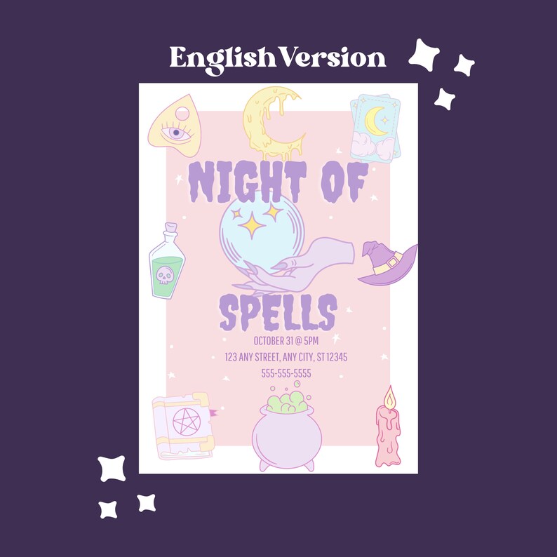 Editable Cute Fortune Teller Halloween Pastel Birthday Invitation ...