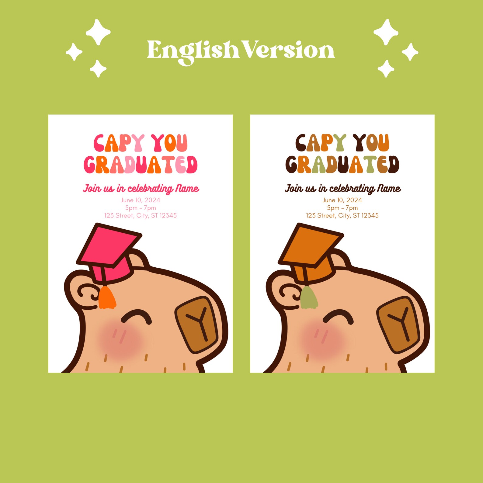 Capybara Graduation Invitation and Card: Bilingual Template in English ...