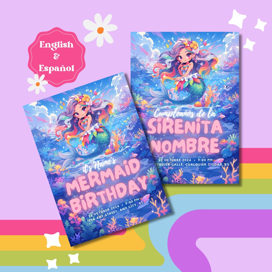 Editable Mermaid Birthday Invitation: Bilingual Template in English and ...