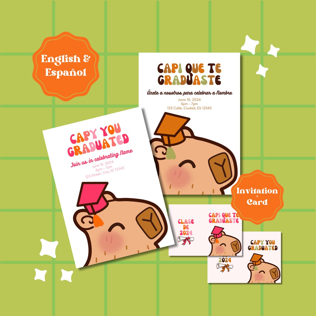Capybara Graduation Invitation and Card: Bilingual Template in English ...