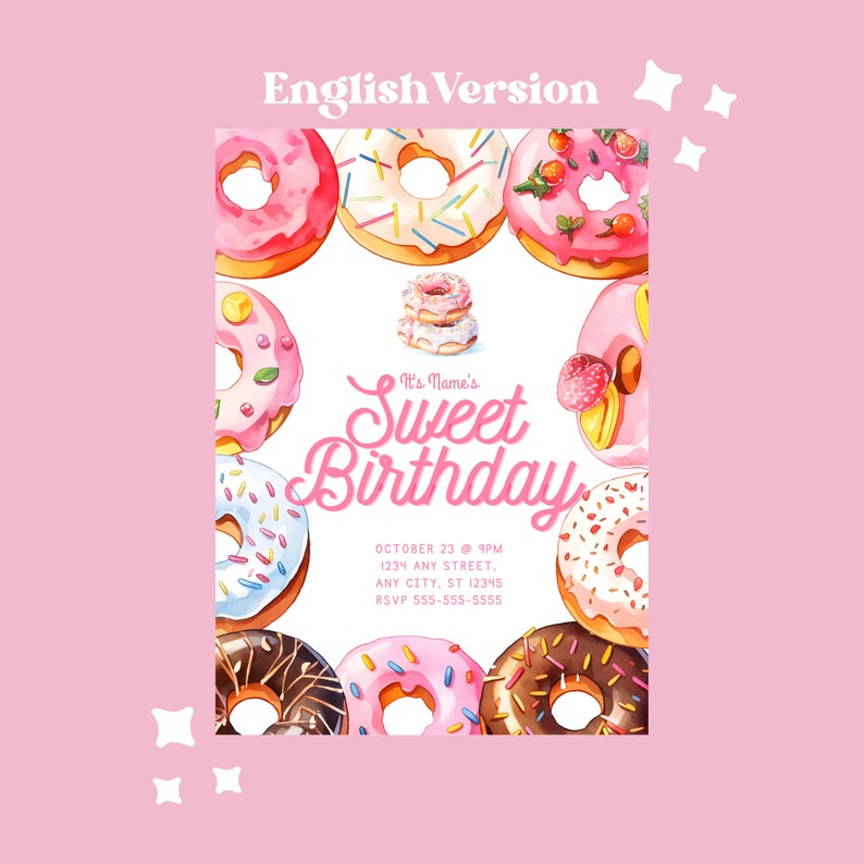 Editable Donut Sweet Birthday Party Invitation – Cute Pink Sprinkle ...
