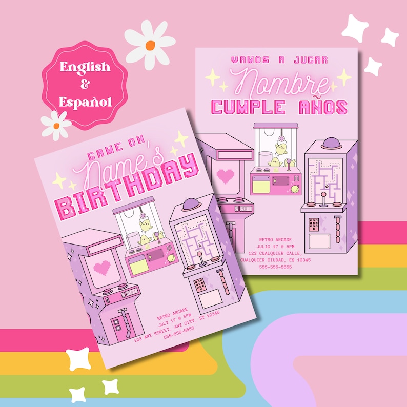 Editable Gaming Arcade Birthday Party Invitation – Retro Pink Printable ...