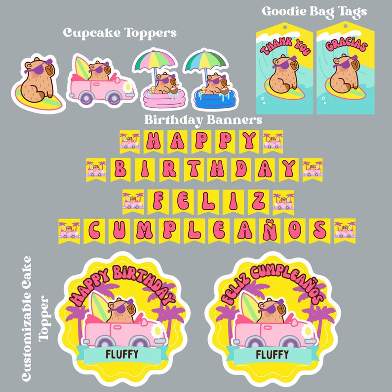 Cute Capybara Beach Pool Birthday Party Printable DIY Decorations ...