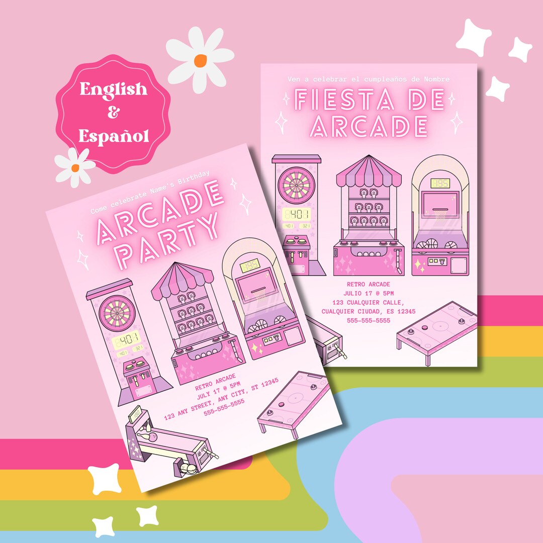 Pink Arcade Birthday Party Invitation: Retro Game Theme in English and ...