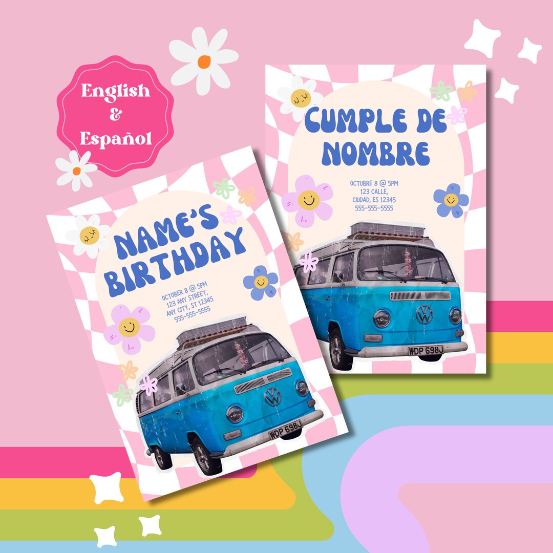 Retro Van Birthday Invitation: 70s Groovy Theme in English and Spanish ...