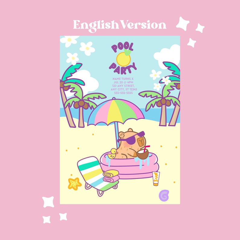 Capybara Pool Party Birthday Invitation: Editable Digital Template ...