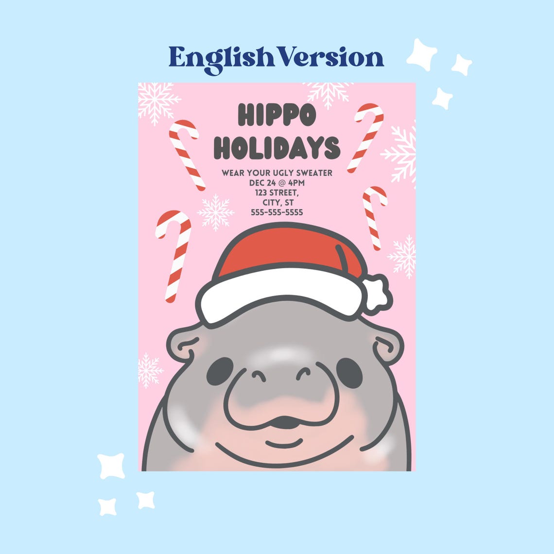 Editable Hippo Holiday Party Invitation With Santa Claus Hat - Printable Digital Template ...