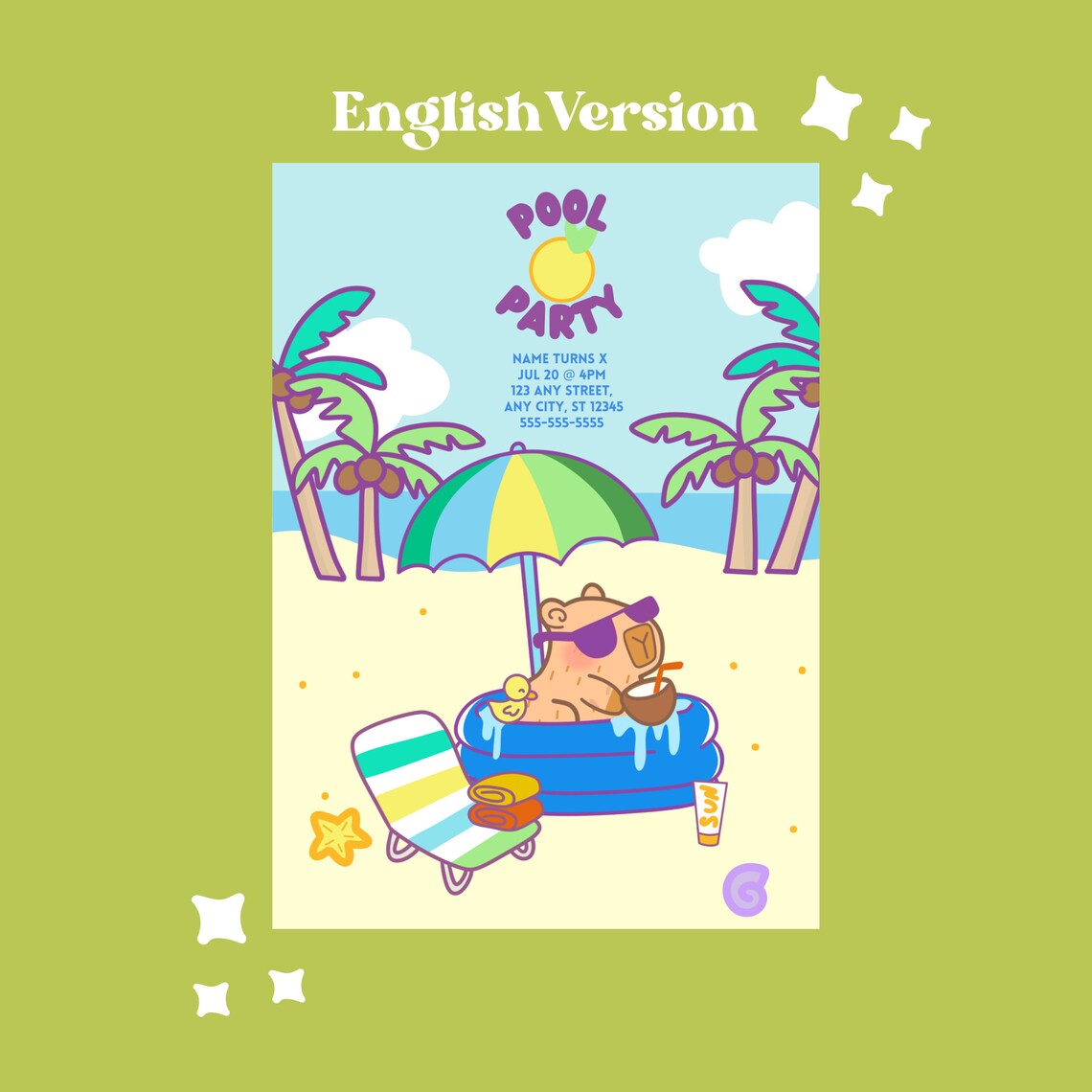 Capybara Pool Party Birthday Invitation: Editable Template in English ...