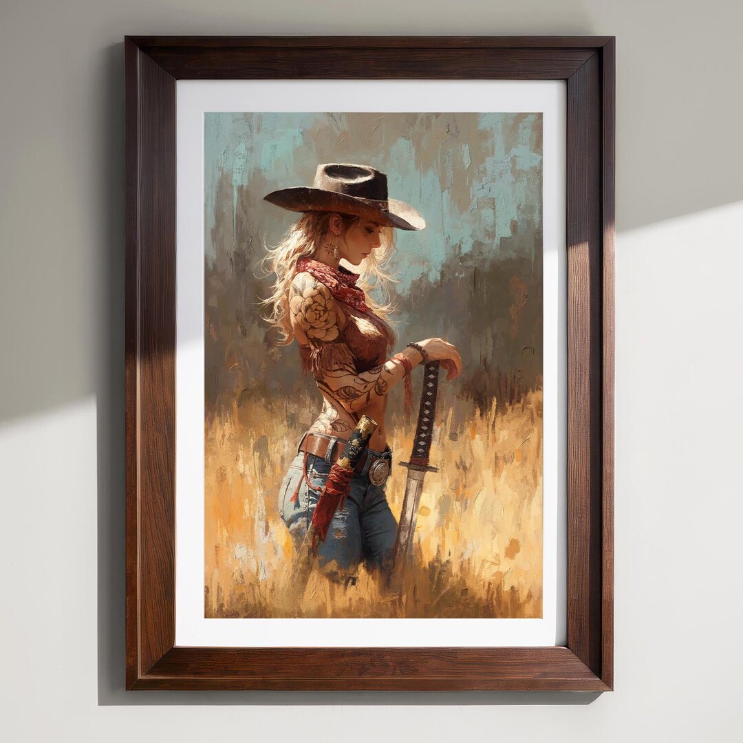 Western Cowgirl Painting, Art Print, Katana, Floral Tattoo, Oil ...