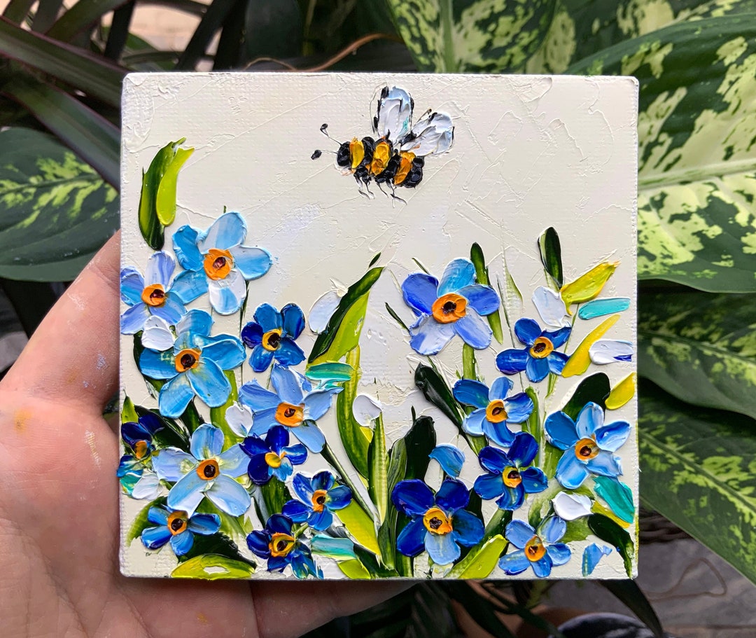 Forget Me Nots Painting Original Bee Art Miniature Handmade Oil Impasto ...