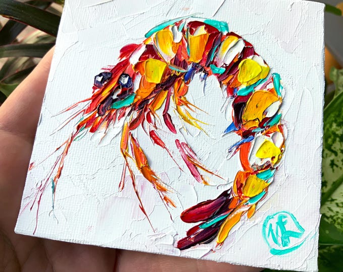 Shrimp Tiny Painting Vibrant Prawn Oil Impasto Art, Textured Seafood ...