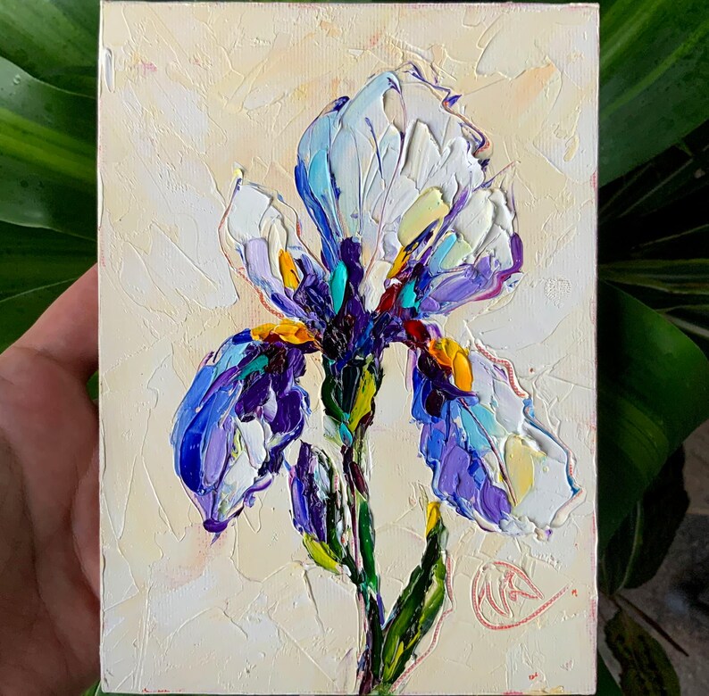 Original Iris Oil Painting, Textured Floral Artwork, Framed Impasto ...