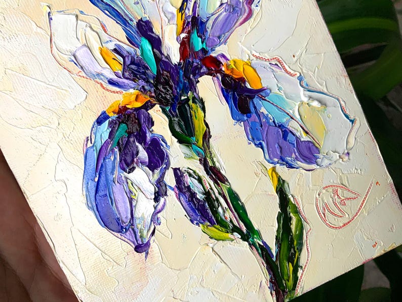 Original Iris Oil Painting, Textured Floral Artwork, Framed Impasto ...