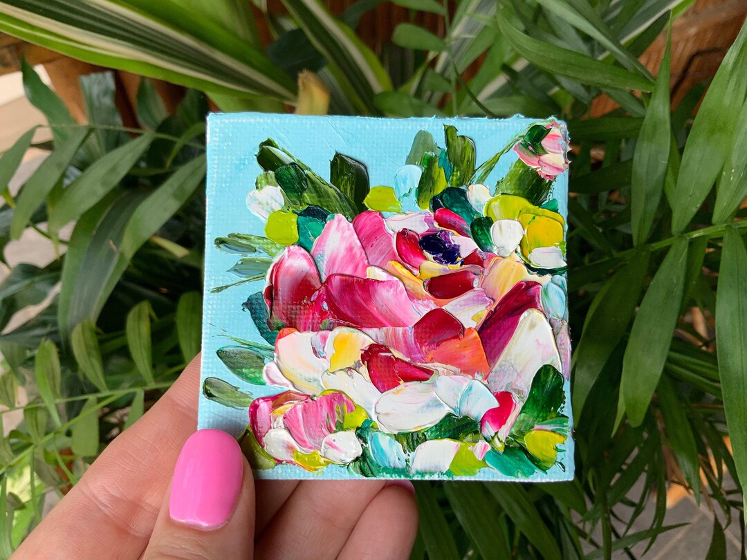 Rose Flower Painting Original Oil 3x3 Mini Impasto Artwork Mini Floral ...