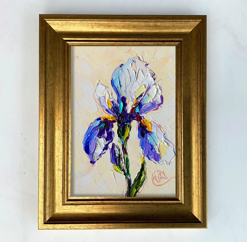 Original Iris Oil Painting, Textured Floral Artwork, Framed Impasto ...