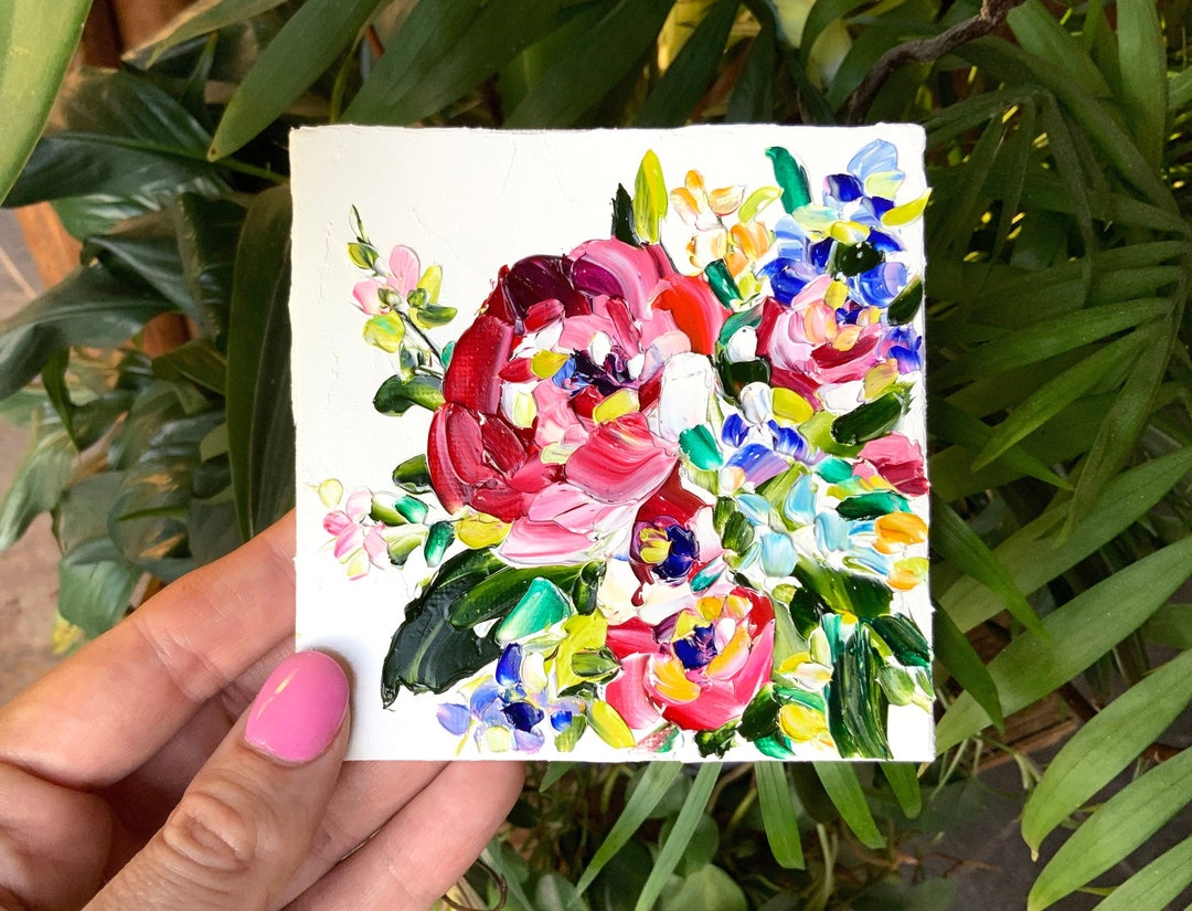 Peony Flower Painting Original Oil Impasto 4x4 Boho Floral Artwork Hand ...