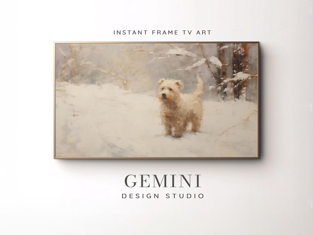 Whimsical Dog Winter Samsung Frame TV Art, Fluffy Brown Pet in Snow ...
