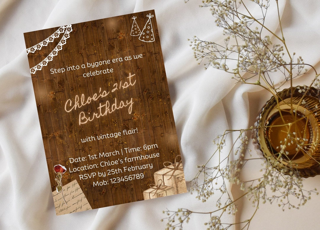 Editable Vintage Birthday E-invite, 21st Birthday Invite, Brown ...