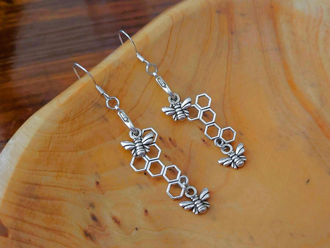 Bee Earrings, Honeycomb Dangly Earrings, Beehive Earrings, Bumblebee Earrings, Dangling Bee ...