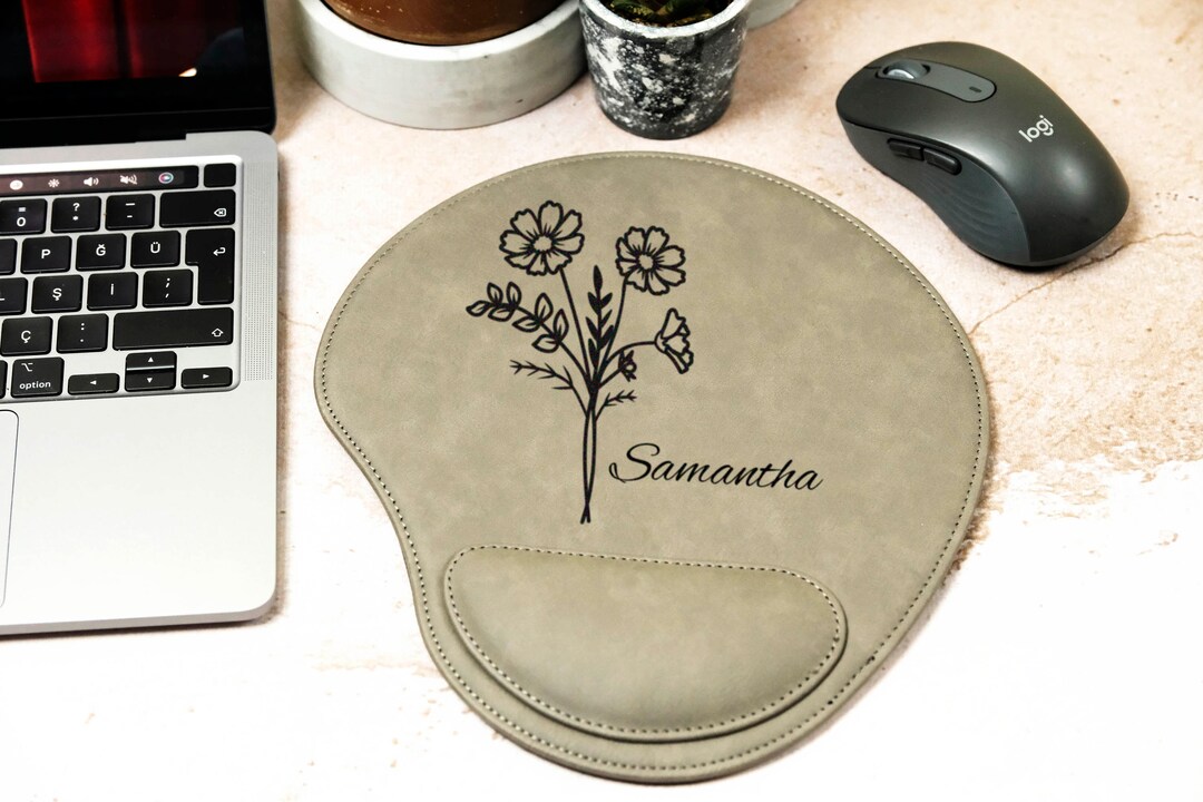 Birth Flower Engraved Mousepad, Personalized Leather Mousepad, Custom ...