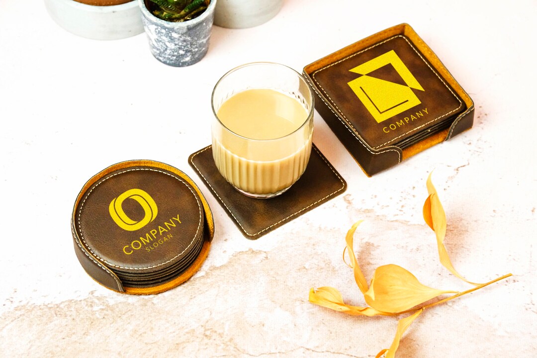 Custom Leather Coaster Set, Company Logo Coasters, Square and Round ...