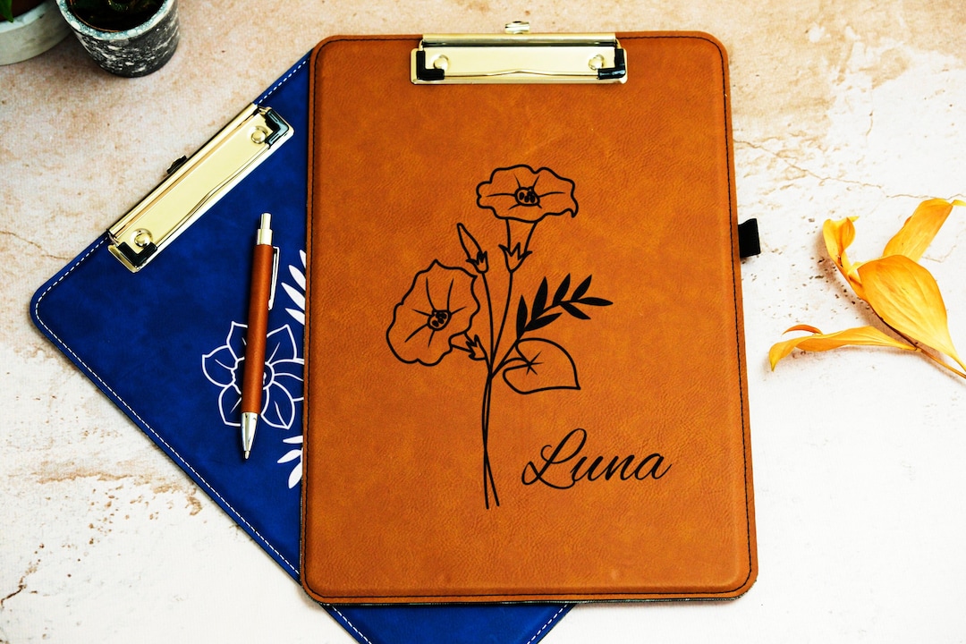 Birth Flower Engraved Clipboard, Personalized Leather Clipboard ...