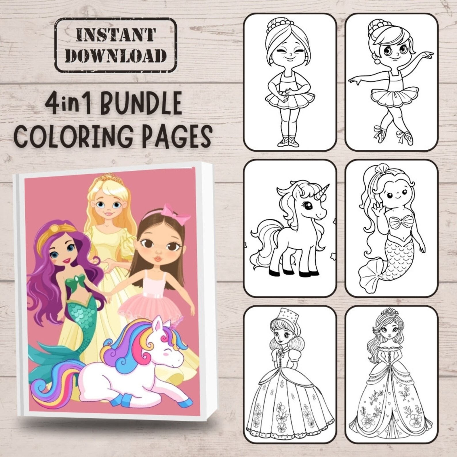 Bundle Digital Printable Coloring Pages | Unicorn | Princess | Mermaid ...