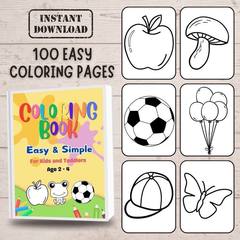 100 Digital Printable Pages Easy Coloring for Kids &toddler ...