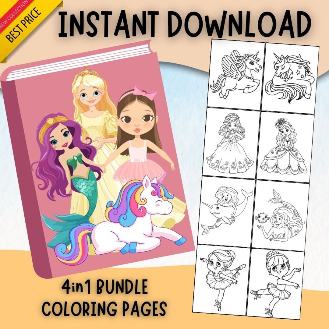 Bundle Digital Printable Coloring Pages Unicorn Princess Mermaid ...
