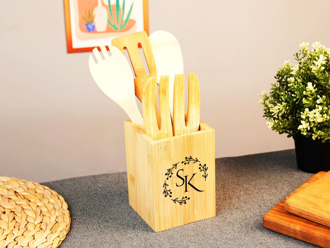 Unique Kitchen Utensil Holder, Personalized Wooden Utensil Holder, Gift ...