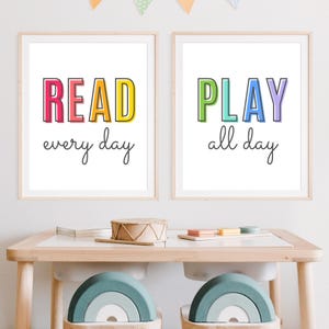 Read Every Day, Play All Day Print Set of 2, Playroom Wall Decor, Let's ...