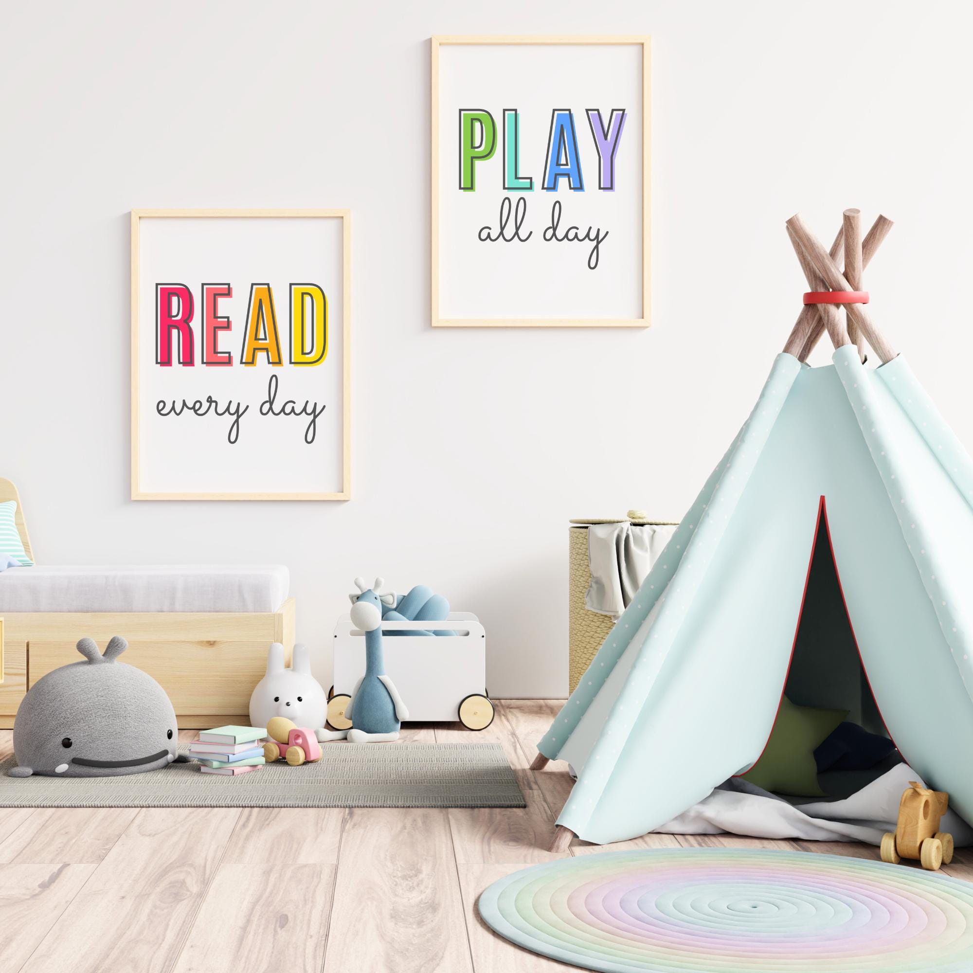 Read Every Day, Play All Day Print Set of 2, Playroom Wall Decor, Let's ...