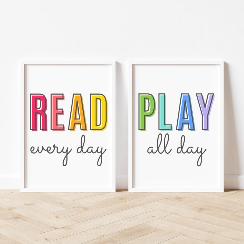Read Every Day, Play All Day Print Set of 2, Playroom Wall Decor, Let's ...