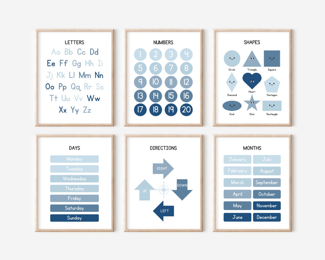 Set of 6 Educational Wall Art, Educational Posters, Blue Classroom ...