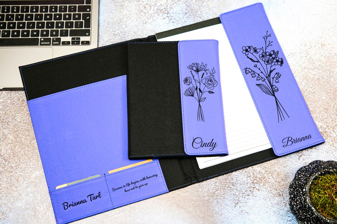 Birth Flower Engraved Portfolio, Customized Leather Flapped Portfolio ...