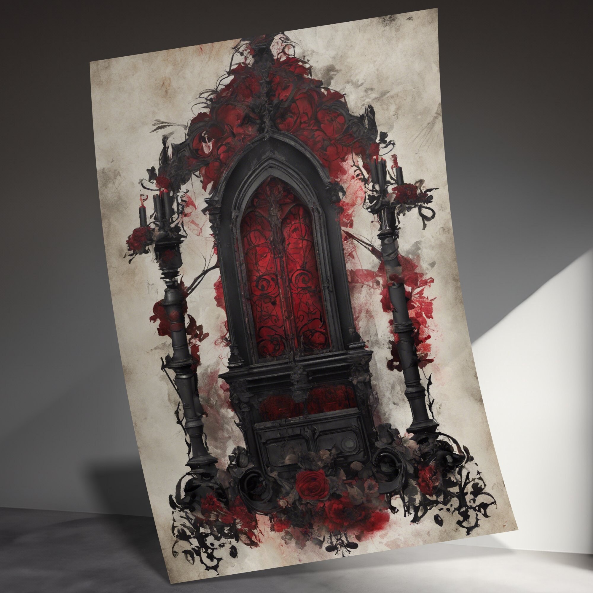 Gothic Red Rose Window Wall Art, Dark Floral Cathedral Print, Vintage ...